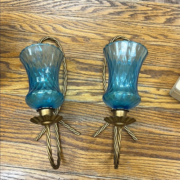 Wall Decor | Vintage Antique Brass Twistbraid Blue Glass Candle Holder ...